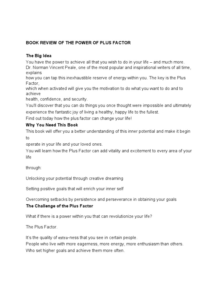 Book Review of The Power of Plus Factor | PDF | Goal | Dream