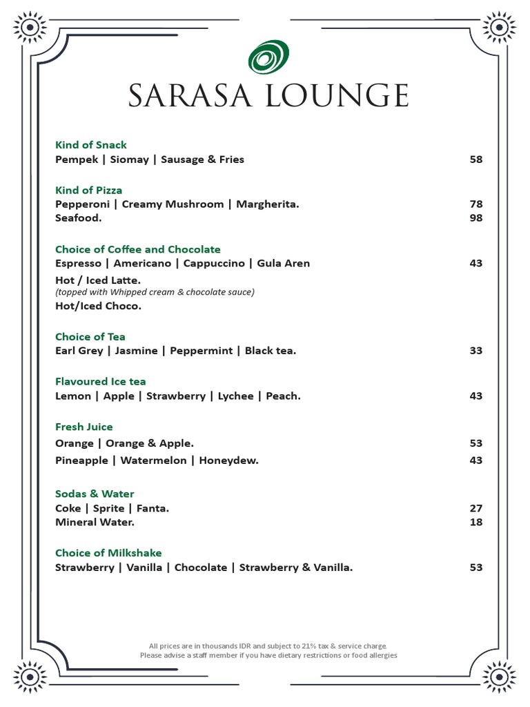 Sarasa Lounge: Kind of Snack Kind of Pizza | PDF | Wine | Grape