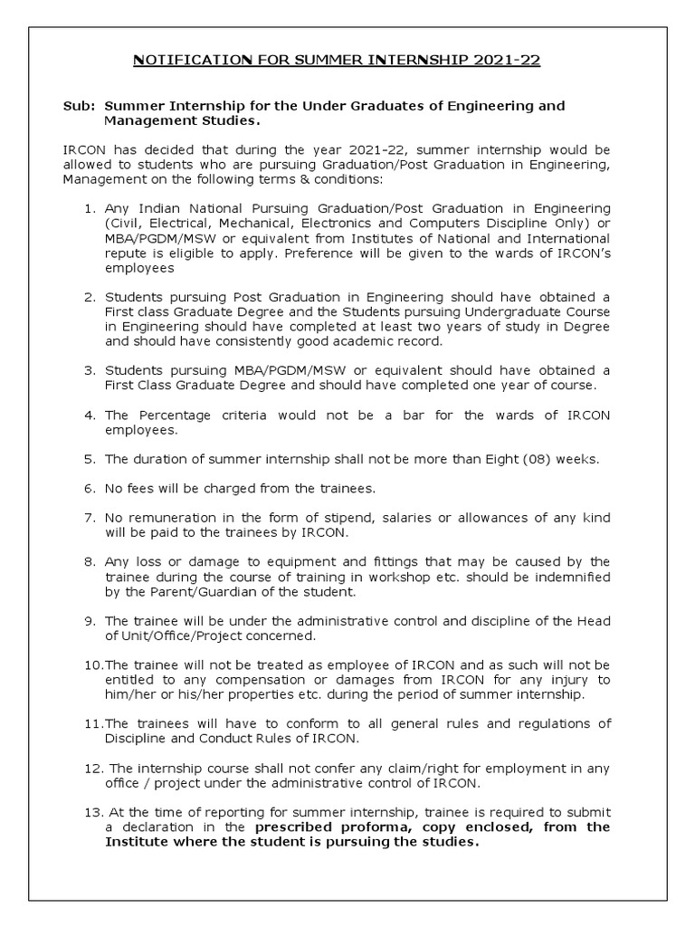 Notification For Summer Internship 2021-22 | PDF | Internship | Job Hunting