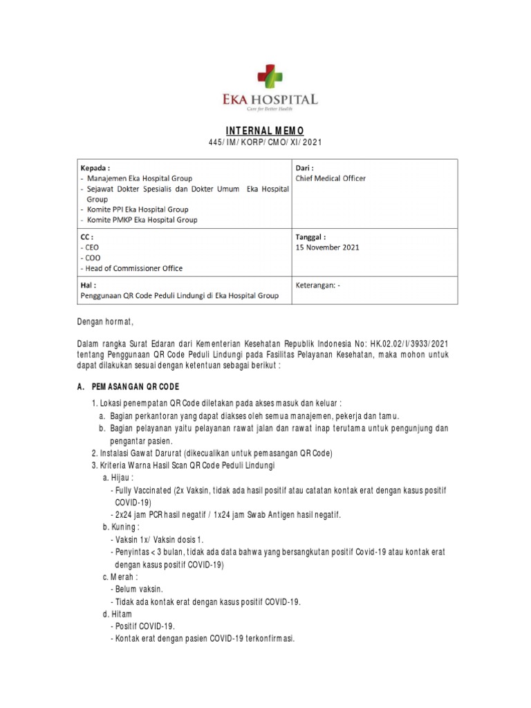 Internal Memo Penggunaan QR COde Peduli Lindungi Di Eka Hospital Group ...