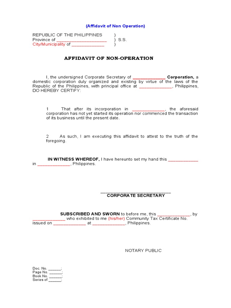 Affidavit of Non-Operation Template | PDF