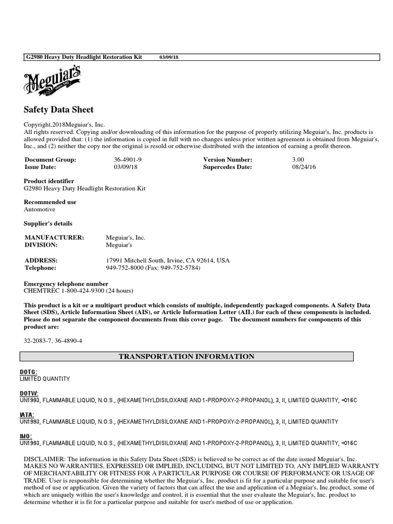 Safety Data Sheet: G2980 Heavy Duty Headlight Restoration Kit | PDF ...