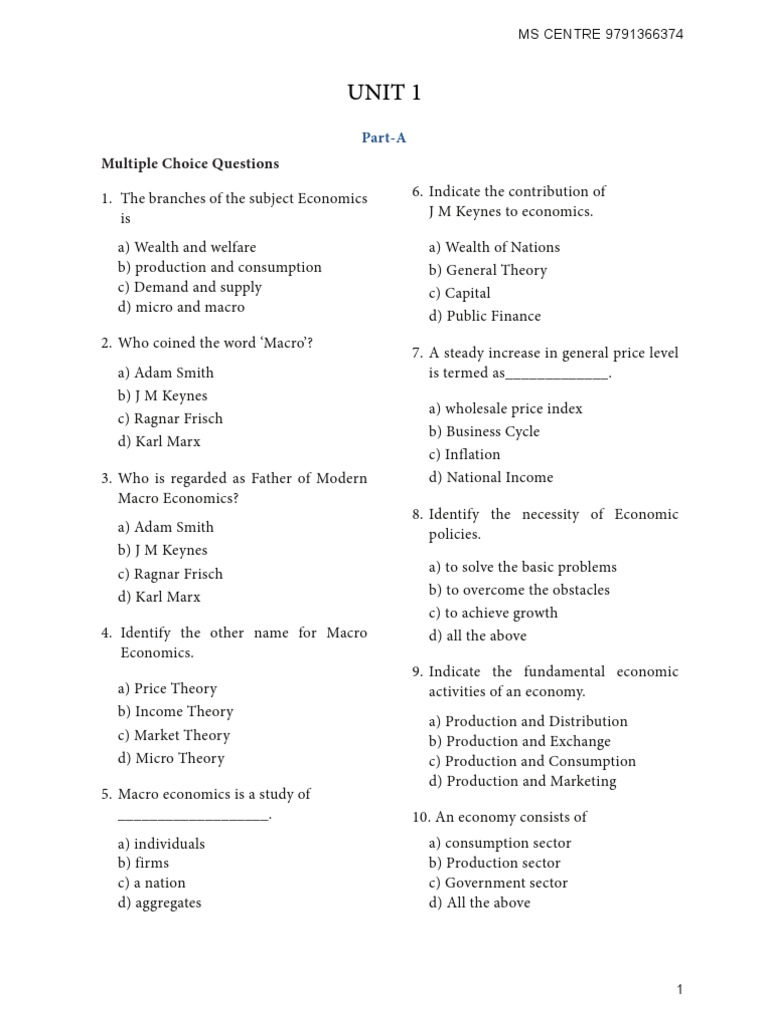 Unit 1: Multiple Choice Questions | PDF | Economics | Consumption ...