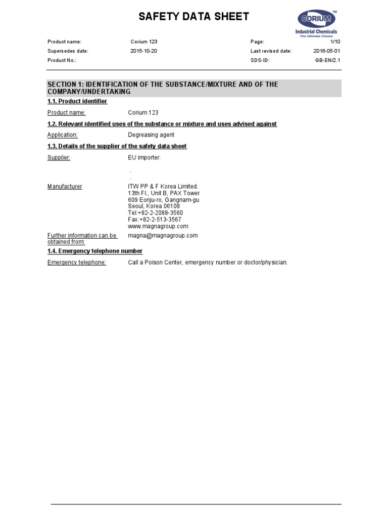 Corium 123 Safety Data Sheet Summary | PDF | Personal Protective ...