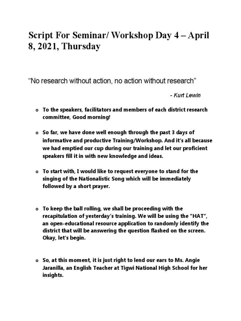 Script For Seminar/ Workshop Day 4 - April 8, 2021, Thursday | PDF