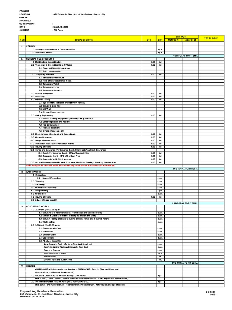 Ang Residence Renovation Bid Form | PDF | Paint | Building Technology
