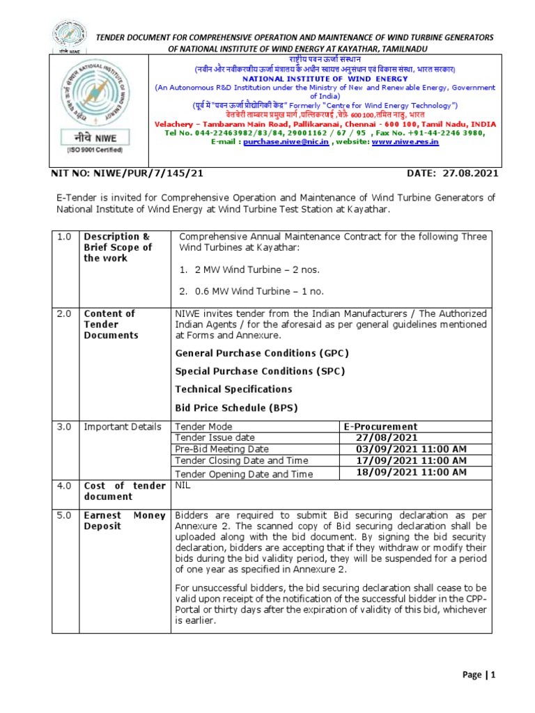 E-Tender For AMC of Wind Turbine Generators | PDF | Indemnity | Insurance