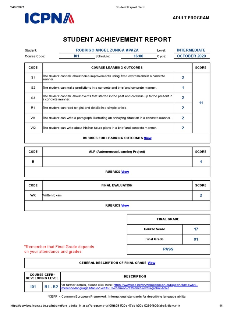 Student Report ICPNA | PDF | Educational Assessment And Evaluation | Evaluation