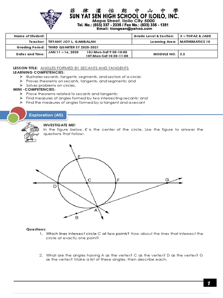 Exploration (AS) : Lesson Title: Angles Formed by Secants and Tangents ...
