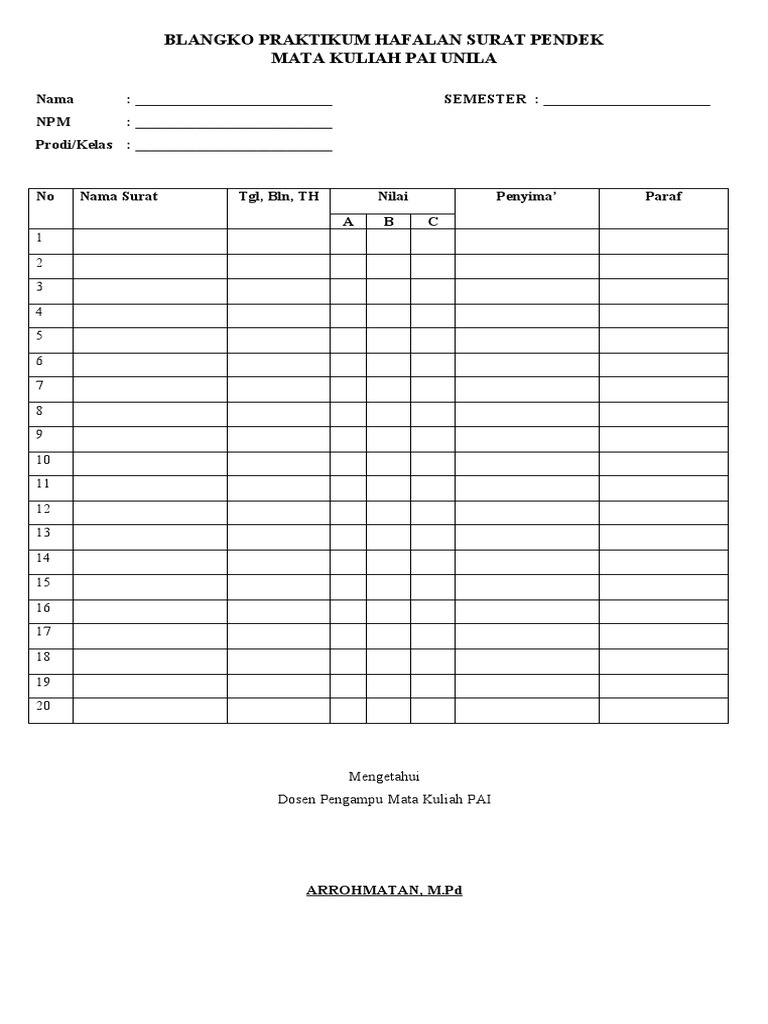 Blangko Praktikum Hafalan Surat Pendek | PDF