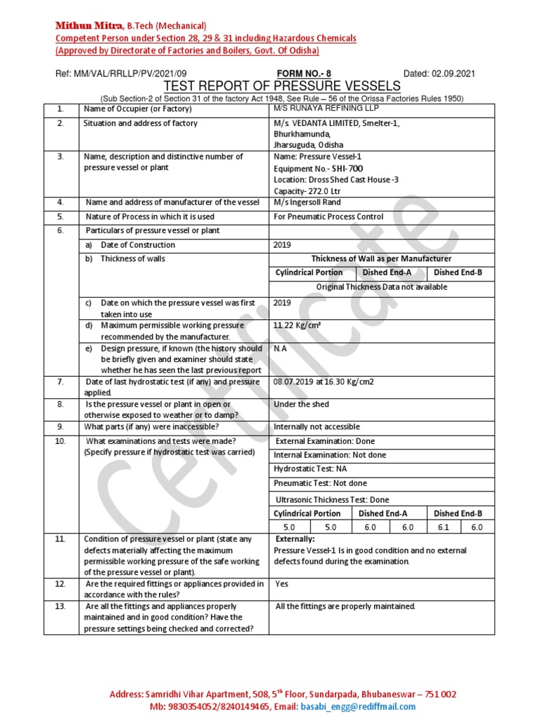 Test Report for Pressure Vessels at Runaya Refining LLP Facility in ...