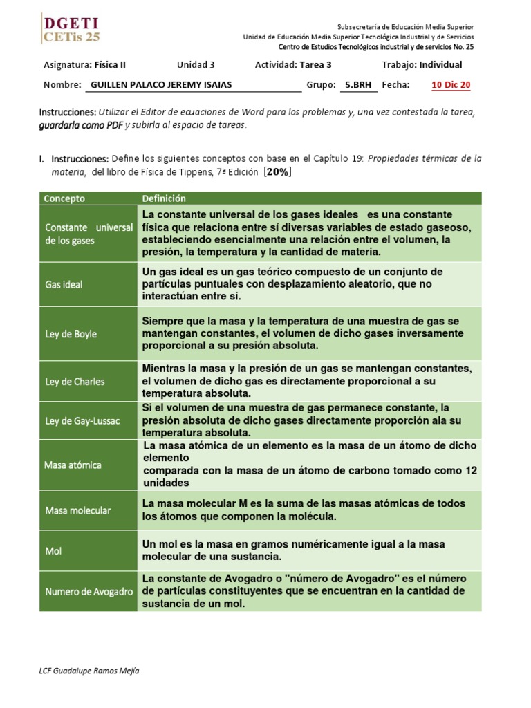 f2 - U3 - Tarea 3 Guillen Palacio Jeremy Isaias | PDF | Gases | Mole (Unidad)