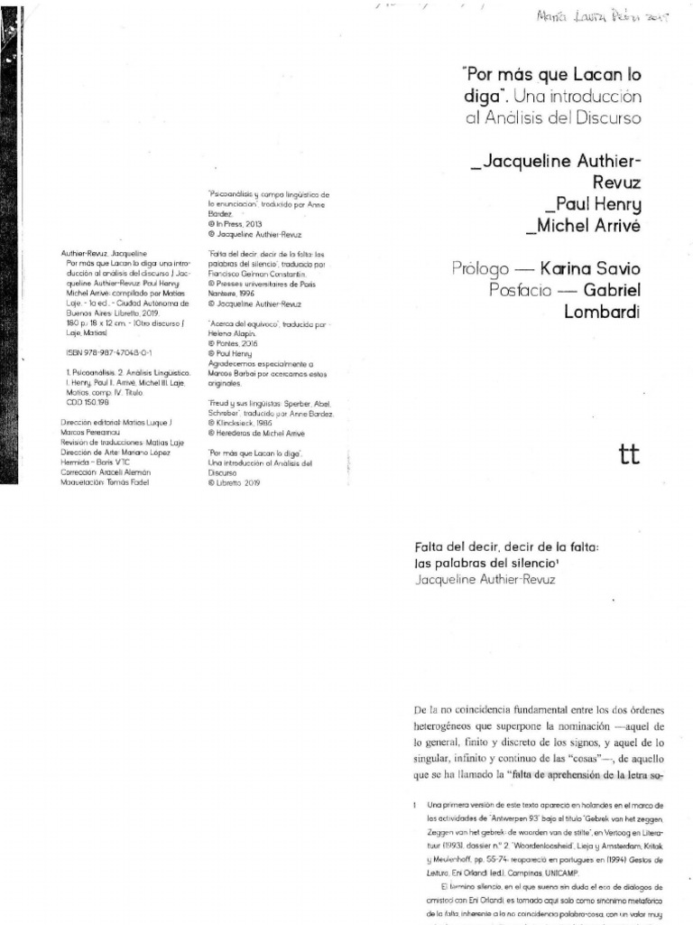 Authier - Por Más Que Lacan Lo Diga - Falta Del Decir, Decir de La ...