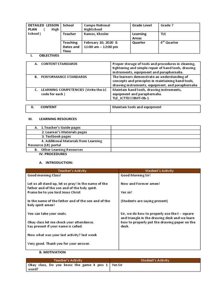 Detailed Lesson Plan School Grade Level Teacher Learning Areas Teaching ...
