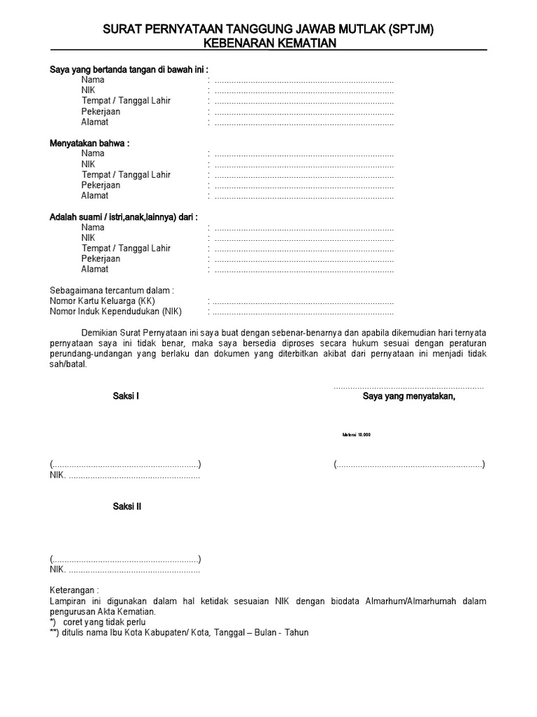 Format SPTJM Kematian | PDF | Game & Aktivitas | Hukum