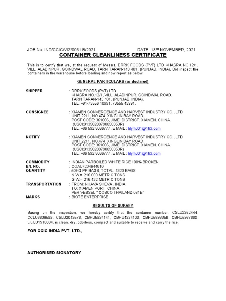 Container Cleanliness Certificate | PDF