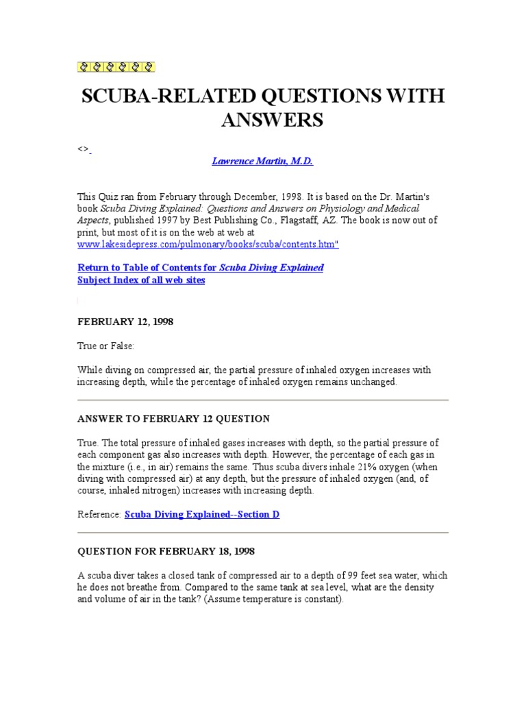Scuba-Related Questions With Answers | PDF | Scuba Diving | Underwater ...