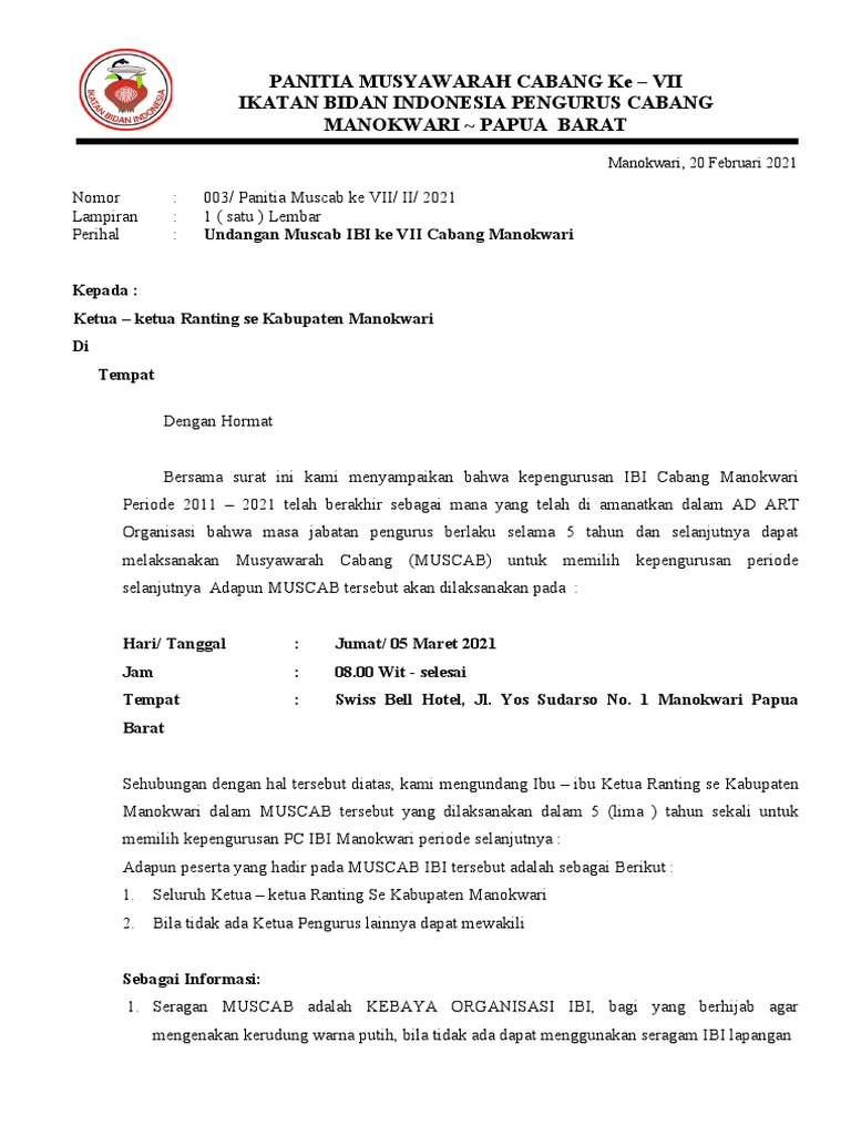 Surat Undangan Muscab Ibi 2021 | PDF