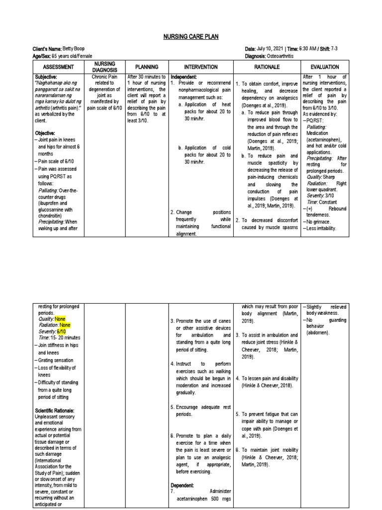 NURSING CARE PLAN FOR OSTEOARTHRITIS | PDF | Pain | Arthritis