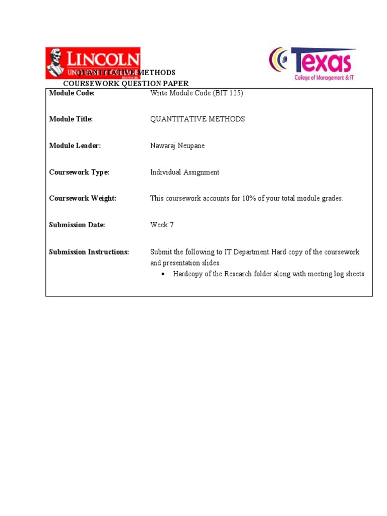 Quantitative Methods Coursework Question Paper Module Code | PDF ...