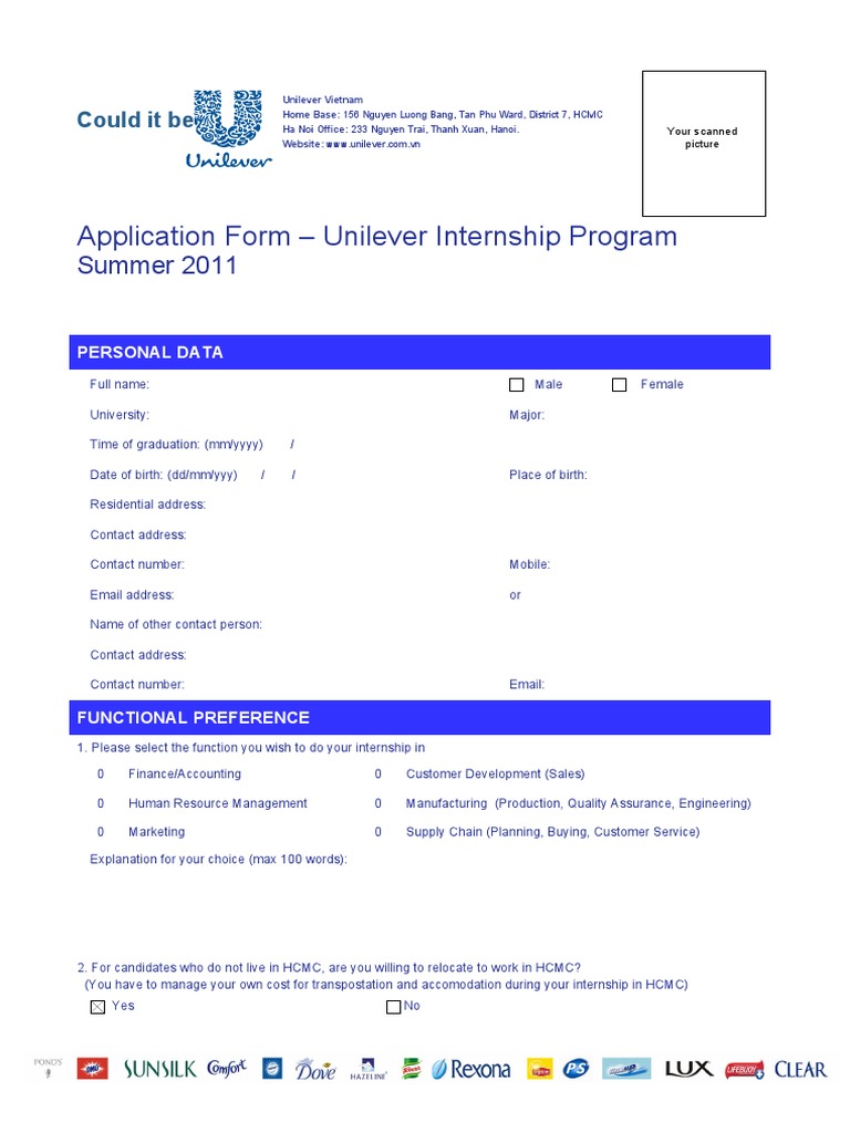 Unilever Intern App Form 2011 | PDF | Patent | Ho Chi Minh City