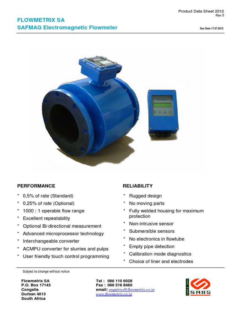SAFMAG Fclow Meter Data Sheet | PDF | Flow Measurement | Chemistry