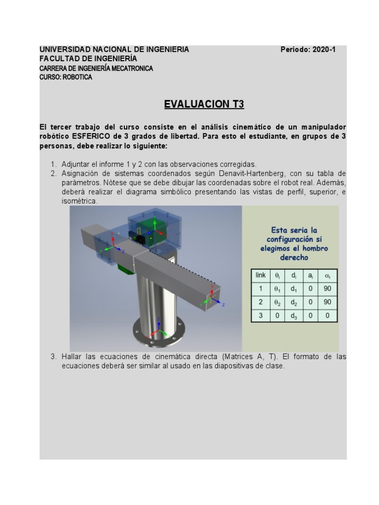 Evaluacion T3: Carrera de Ingenier A Mecatronica Curso: Robotica | PDF