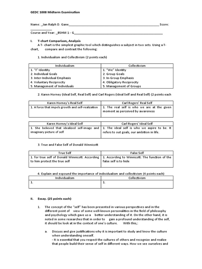 GEDC 1008 Midterm Examination | PDF | Self | Collectivism