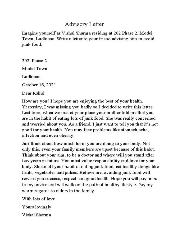 Advisory Letter Class 6 | PDF