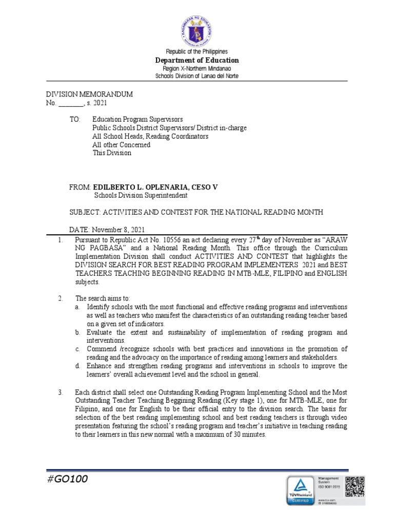 Department of Education: Republic of The Philippines Region X-Northern ...