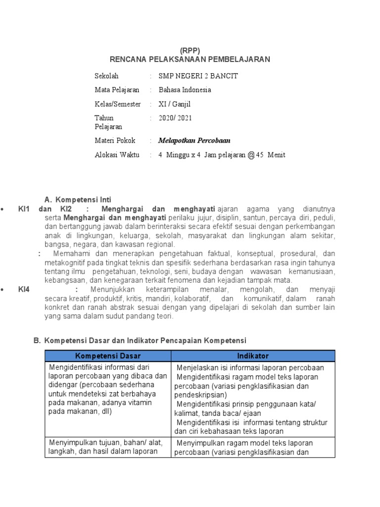 Contoh RPP Teks Percobaan PKM | PDF
