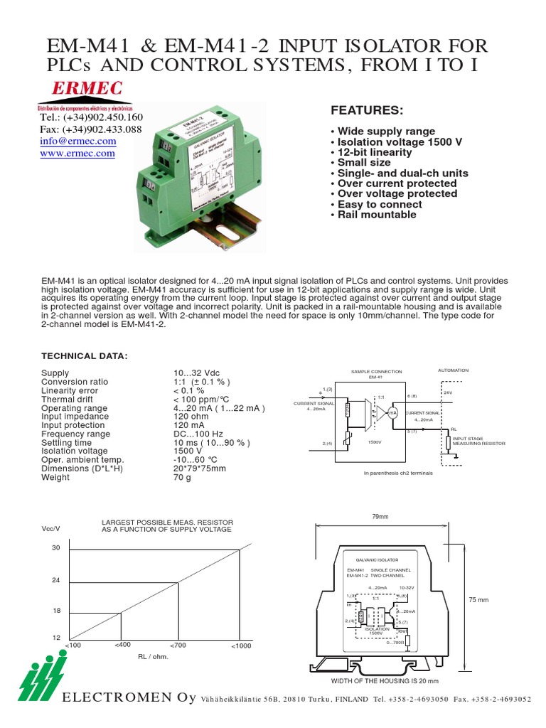 EM-M41 & EM-M41-2: Input Isolator For Plcs and Control Systems, From I To I | PDF | Programmable ...