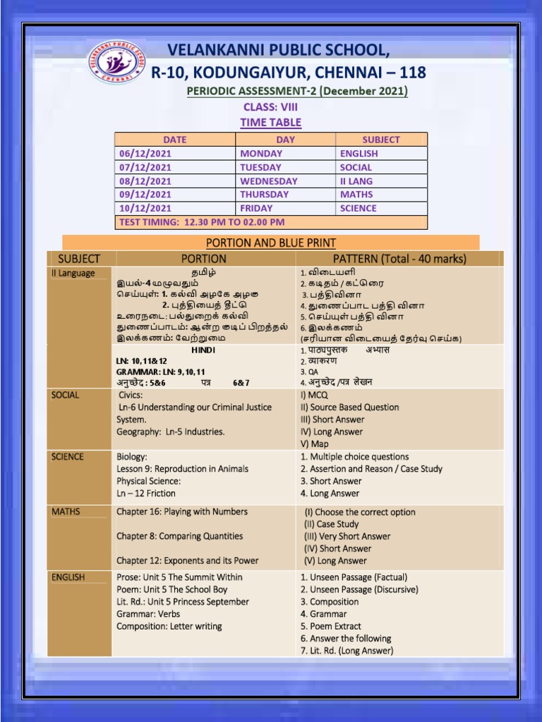 STD 8 - PA2 Portion, Time Table & Blue Print | PDF | Test (Assessment ...