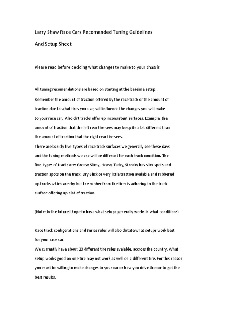 Larry Shaw Race Cars Recomended Tuning Guidelines and Setup Sheet | PDF ...
