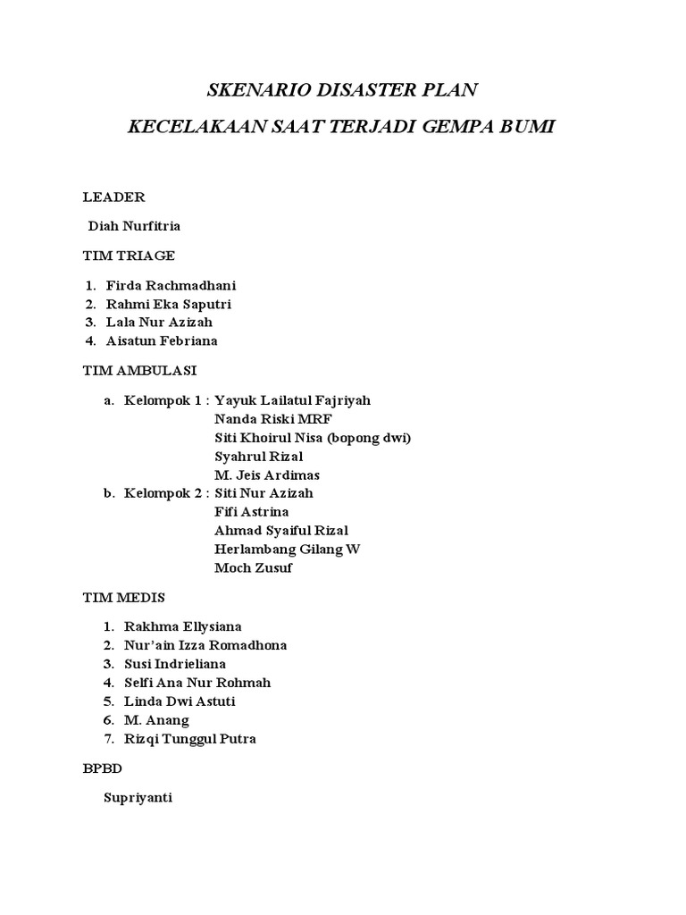 SKENARIO DISASTER PLAN Diah | PDF