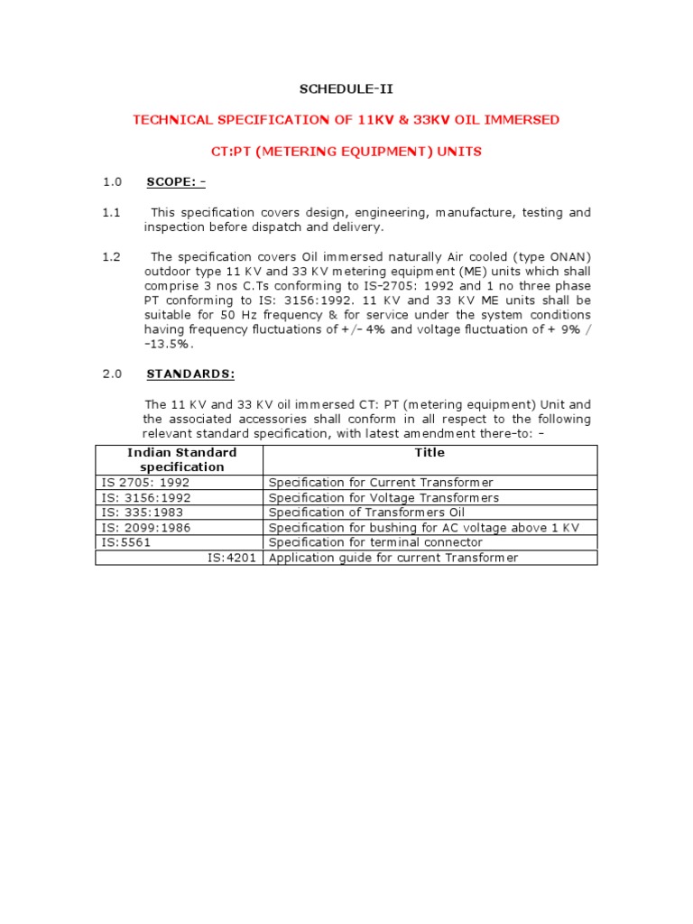 Technical Specification of 11Kv & 33Kv Oil Immersed CT:PT (Metering Equipment) Units | PDF ...