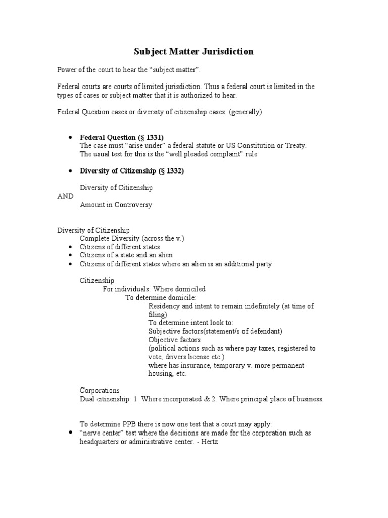 Subject Matter Jurisdiction Outline 2010 | PDF | Diversity Jurisdiction ...