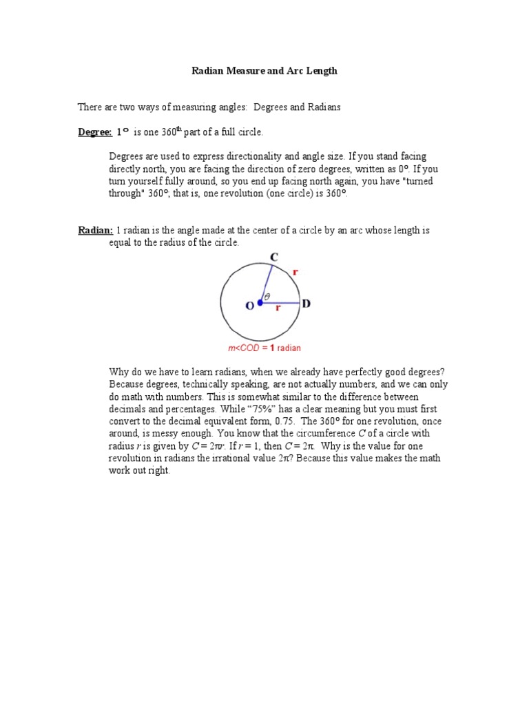 Radian Measure and Arc Length Explained | PDF | Angle | Circle