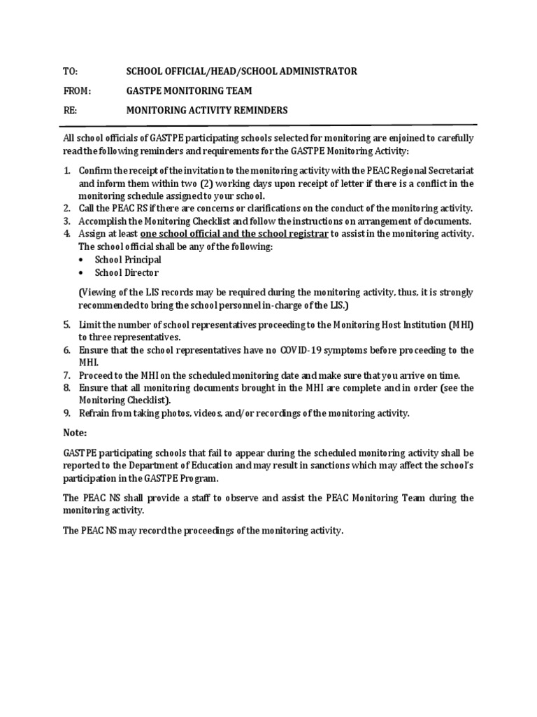2021 GASTPE Monitoring Activity Reminders | PDF | Science & Mathematics