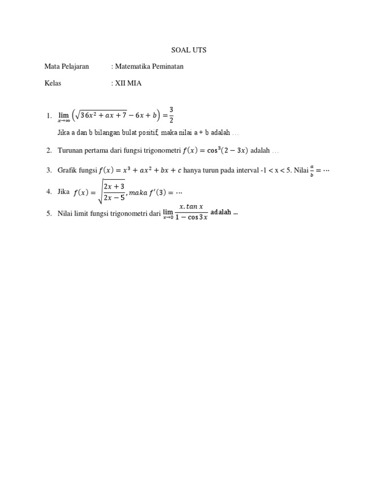 SOAL UTS XII MIA - Matematika Peminatan | PDF
