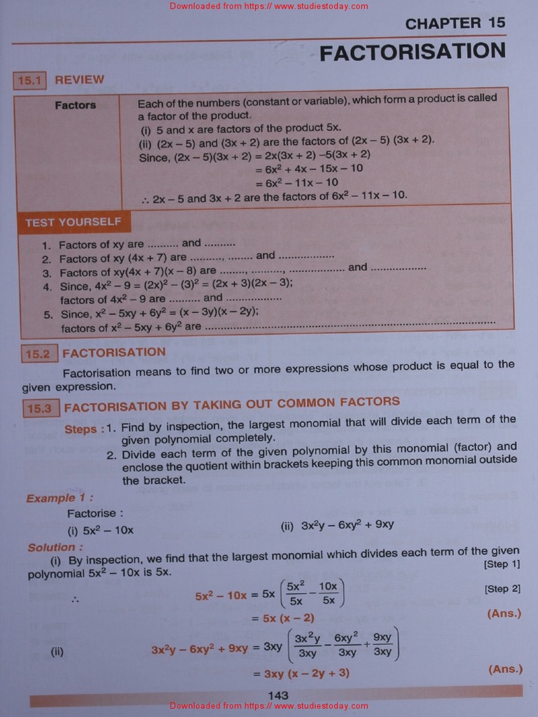 Class 8 ICSE Factorisation Worksheets | PDF