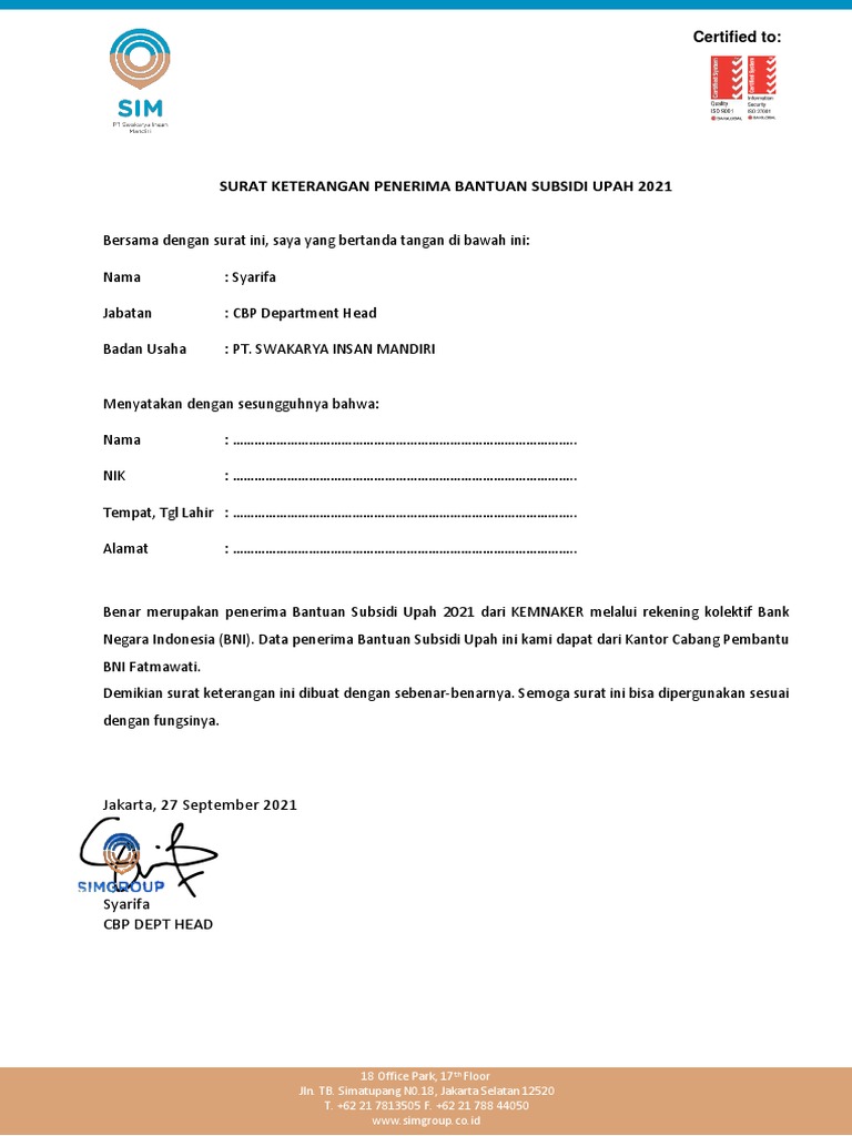 Surat Keterangan Penerima Bsu 2021 (Bni) | PDF