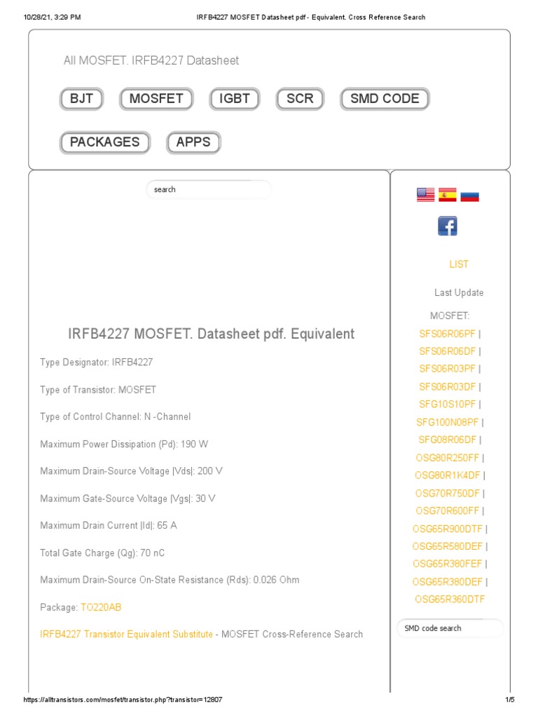 BLG IRFB4227 MOSFET Datasheet PDF - Equivalent. Cross Reference Search | PDF | Mosfet | Field ...