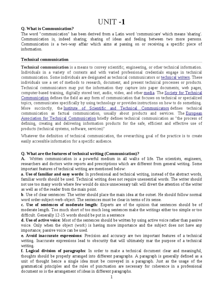 Technical Communication Unit 1 | PDF | Technical Communication ...