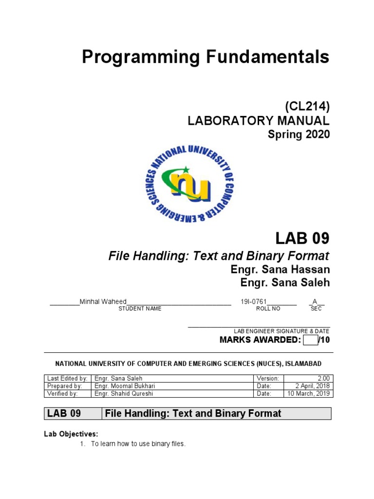Programming Fundamentals Cl214 Laboratory Manual Pdf Computer File String Computer 2590