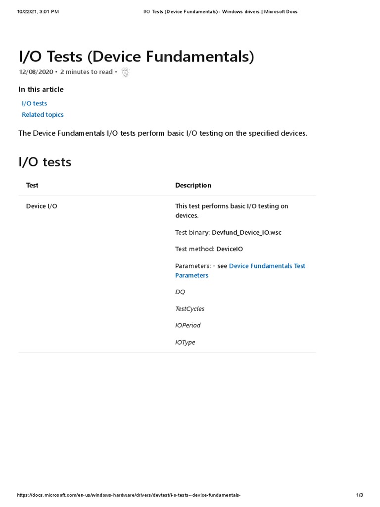 Microsoft - I - O Tests (Device Fundamentals) | PDF | Device Driver ...