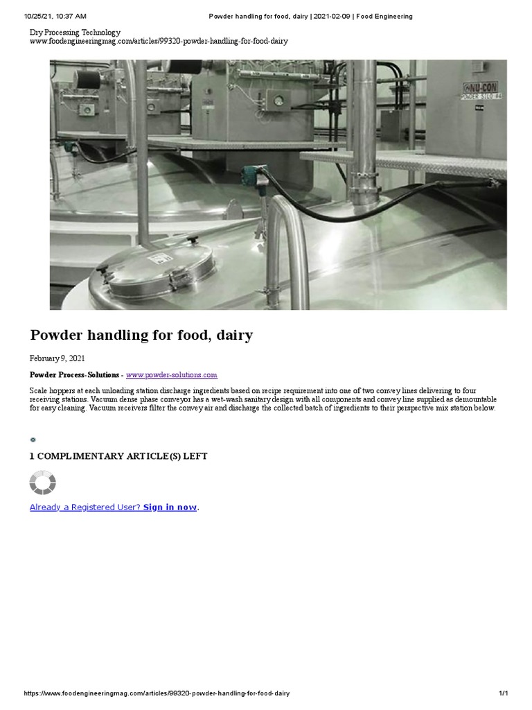 Food Engineering - 2021 - Powder Handling For Food, Dairy | PDF ...