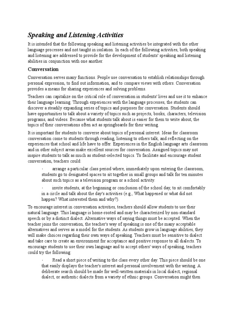 Speaking and Listening Activities | PDF | Storytelling | Teachers