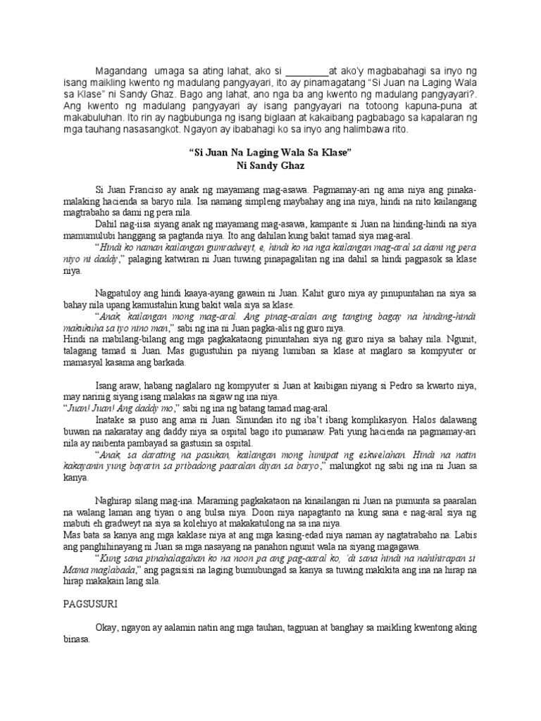 "Si Juan Na Laging Wala Sa Klase" Ni Sandy Ghaz | PDF