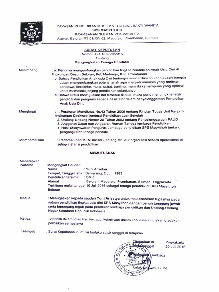 Contoh SK Tenaga Pendidik Paud | PDF
